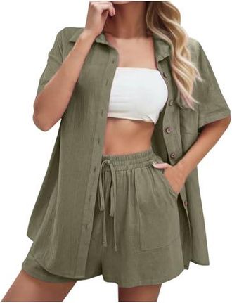 Generic Ensemble 2 pi&egrave;ces pour femme, v&ecirc;tements de d&eacute;tente, chemises surdimensionn&eacute;es et shorts assorties, tenue d&eacute;t&eacute; 2026, vert militaire, XL