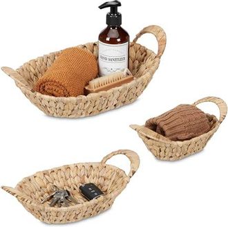 Relaxdays Aufbewahrungskorb 3er Set, aus Wasserhyazinthe, für Bad, Wohn-& Schlafzimmer, Organizer, Flechtkorb, Natur