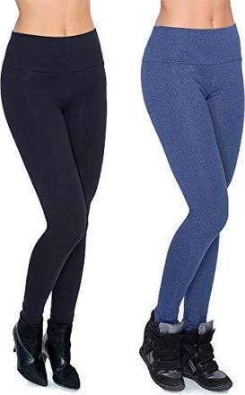 FUTURO FASHION LWPP28 Lot de 2 leggings chauds pour femme en coton taille haute avec intérieur en polaire, Noir/Denim, 42