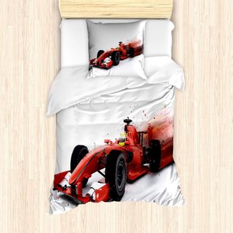Abakuhaus Autos Bettbezug Set für Einzelbetten, Formel Autorennen Entwurf, Milbensicher Allergiker geeignet mit Kissenbezug,Schwarz und Rot
