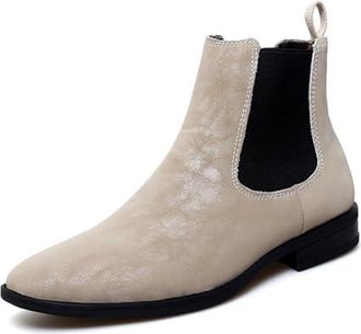 Generic Bottines Chelsea confortables en cuir &agrave; talon &eacute;pais pour homme - Bout rond - Talon bas - Avec bandes &eacute;lastiques lat&eacute;rales, beige, 45 1/3 EU