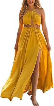 Generic Robe d&eacute;t&eacute; 2026 boh&egrave;me sans manches pour femme, dos nu, robe longue boh&egrave;me d&eacute;contract&eacute;e fendue, jaune, XL