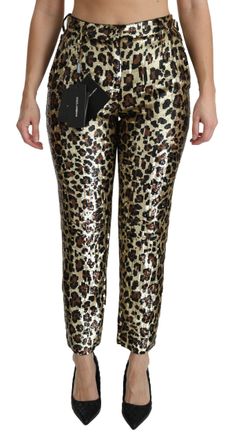 Dolce & Gabbana Womens Brown Leopard Sequined High Waist Pants Gold Pvc Silk Polyester Elastane