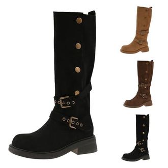 Generic Bottes hautes pour femme - Coupe large - En cuir de veau synth&eacute;tique - Antid&eacute;rapantes - Bout rond - Avec boutons lat&eacute;raux et boucles - Tendance - Poly
