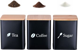 Relaxdays Vorratsdosen, 3er Set, Kaffee, Tee, Zucker, Metall, Bambusdeckel, HBT: 15x11x11 cm, K&uuml;chendose, schwarz/Natur