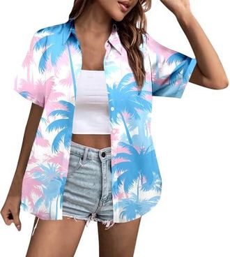 Generic Chemise hawa&iuml;enne tropicale d&eacute;contract&eacute;e pour femme, palmier hawa&iuml;en, croisi&egrave;re, cara&iuml;bes, chemise graphique boutonn&eacute;e, manches courtes, vacances, &eacute;t&eacute;