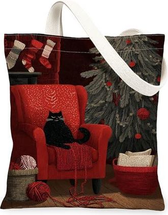 Generic Sacs fourre-tout en toile avec motif chat de No&euml;l, design vintage confortable, r&eacute;utilisable, sacs d&eacute;picerie festifs, l&eacute;gers et lavables avec bandouli&egrave;