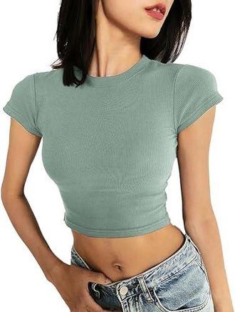 Generic Haut court &agrave; manches courtes pour femme - Coupe ajust&eacute;e - Extensible - C&ocirc;tel&eacute; - D&eacute;contract&eacute; - Basique - Pour sortir dans la rue, Vert, XXL