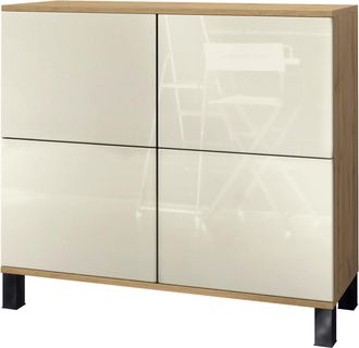 Vladon Kommode Rova V3, Moderner Küchenschrank mit 4 Push-to-Open Türen Eiche Evoke/Creme Hochglanz (92,5 x 84.5 x 35)