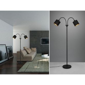 Reality Stehleuchte tommy 2 flammig Metall, Stoffschirm Schwarz Gold, H&ouml;he 130cm