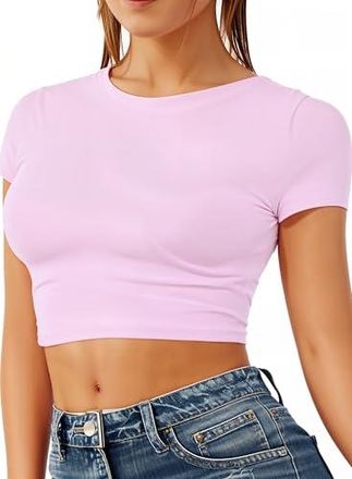 Re Tech UK T-Shirt Court &agrave; Manches Courtes - pour Femme - col Rond - Tendance/&eacute;t&eacute; - Taille 36-42 - Rose p&acirc;le - S/M EU 36-38