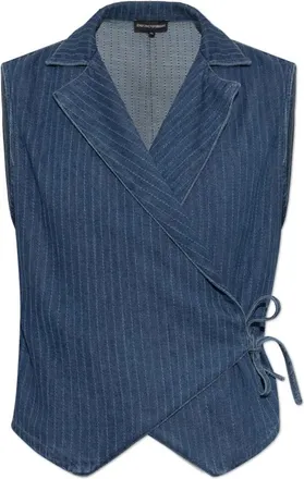 Emporio Armani Femme, Vestes, Bleu, Taille: 34 FR Gilet portefeuille en denim &agrave; rayures diplomatiques avec revers et lien lat&eacute;ral
