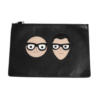 Dolce & Gabbana Clutch aus Leder mit Gesichts-Applikation - - Bags - Herren - Schwarzk - ONE SIZE