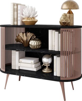 Mirjan24 Kommode mit Ablage Rajkon, Ovale Form, Beine aus Metall, Modernes Sideboard, Highboard, Anrichte, Mehrzweckschrank (Black Pietra Grigia, Kupfer)