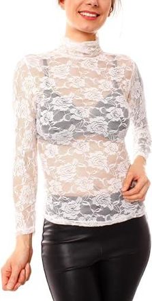 Easy Young Fashion T-shirt à manches longues pour femme avec dentelle - Col montant transparent - Coupe skinny 1096 (XS-M), ivoire, taille unique