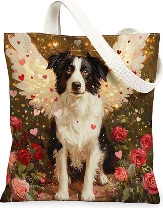 Generic Sac fourre-tout en toile motif Border Collie pour le shopping 33 x 38 cm, sac d&eacute;picerie r&eacute;utilisable pour femme, motif animal de compagnie, d&eacute;coration