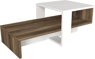 Vente-Unique Vente-unique - Table Basse Blanche et Noyer avec Rangement, 80x16,3x43,6 cm et 40x32,6x43,6 cm, Pour Salon ou Chambre