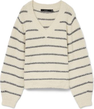 Vero Moda Damen Vmawesome Shine Ls V-NCK Stripe Pull Boo, Birch, XL