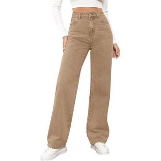 Generic Jean large d&eacute;contract&eacute; taille haute extensible &agrave; jambe droite avec poches pour voyage quotidien, kaki, XXL