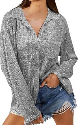 Generic Chemise Top Pailletté pour Femmes Style Décontracté Haut Tops À Brillantes Sequin Sweatshirt Chemises Manches Longues Taille Froncée Vêtements De À Pa