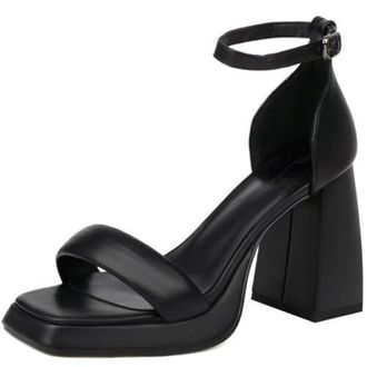 Generic Sandales &agrave; talon carr&eacute; et sangle de cheville pour femme - Pour soir&eacute;e et cocktail - En microfibre de luxe, Noir, 45 EU