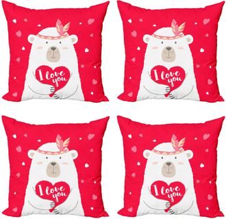 Abakuhaus Mädchen-Slogan Kissenbezug Set (4 Stück), Bär, der EIN Herz, moderner doppelseitiger Digitaldruck, 40 cm, Vermilion Weiß