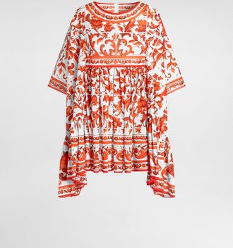 Dolce & Gabbana Langes Kaftankleid Aus Baumwolle Mit Majolika-print - Frau Kleider Mehrfarbig 46