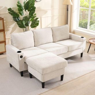 STILVORA Canap&eacute; dAngle 3 Places avec Repose-Pieds, Ports USB et Type-C, 2 Porte-Gobelets et Poches Lat&eacute;rales, en Lin Beige