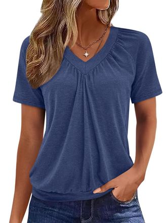 Onsoyours Tshirt Damen V-Ausschnitt T-Shirt Sommer Oberteile Kurzarm Longshirt Causal Falten Tops A Dunkelblau XXL