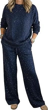 Generic Ensemble de salon 2 pi&egrave;ces pour femme, sweat-shirt et pantalon brillants &agrave; col rond et pantalon, tenue de voyage, bleu, 3XL