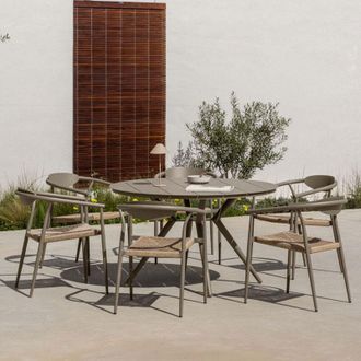 Sklum Set aus rundem Tisch &Oslash;125 cm aus Aluminium Valerie und 6 Gartenst&uuml;hlen mit Armlehnen aus Aluminium und synthetischem Rattan Mars Gardenia Wei&szlig;