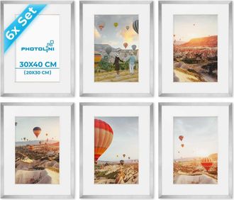 Photolini Bilderrahmen 30x40 Holz MDF Silber, 6er Set Bilderrahmen 40x30 cm mit Passepartout, bruchsicheres Acrylglas, Rahmen 30 x 40 zum Aufhängen, extra Zubeh