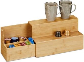 Relaxdays Küchenorganizer, Bambus, ausziehbar, 4 Fächer, HxBxT: 18 x 33 x 15 cm, Organizer Gewürze, Kaffee, Tee, natur