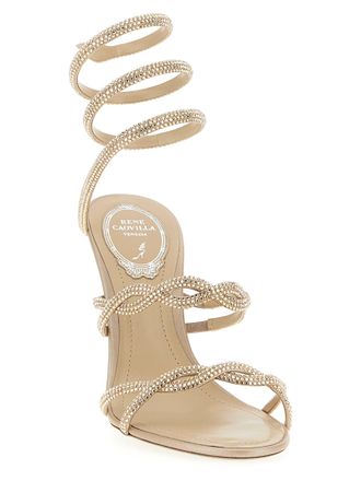 Rene Caovilla Womens Rhinestone-Embellished Sandal Beige Satin Heels