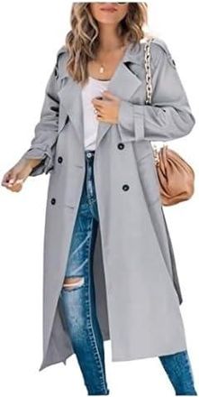 Generic Trench Long for femmes, pardessus d&eacute;contract&eacute; de couleur unie for lautomne et lhiver avec col &agrave; revers et manches longues(Light gray,4XL)