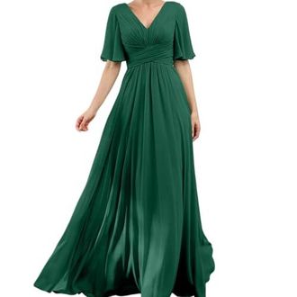 Generic Robe de demoiselle dhonneur en mousseline de soie avec col en V et volants plissés pour femme - Robe longue de cocktail formelle, Grace 9, 3XL