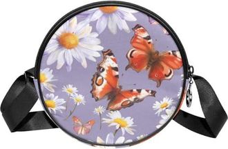 Generic Sac &agrave; bandouli&egrave;re rond pour femme, motif papillons, marguerites, petit sac &agrave; bandouli&egrave;re avec fermeture &eacute;clair, bretelles r&eacute;glables, sac &agrave; main rond d