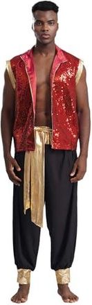 TiaoBug Homme Déguisement Principe Arabe Costume Prince Arabe Brillante Gilet sans Manches et Pantalon Arabie Costume Sultan Arabe Costume Carnaval Halloween 