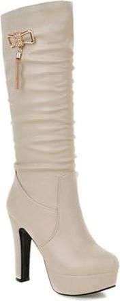Generic Beige,44 EU,Bottes Hautes en Cuir PU pour Femmes, Bout Rond, Plateforme, Talons épais, Bottes Longues avec noeud en métal, Chaussures habillées Confor