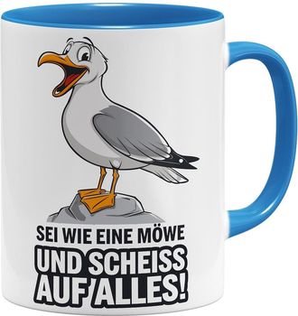 OM3 witzige Kaffee-Tasse mit Spruch - sei wie eine Möwe und scheiss auf alles | Keramik Becher | 325ml | Beidseitig Bedruckt | Hellblau
