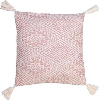 Jean & Len Kissenhülle mit Quasten aus 100% Bio-Baumwolle, mit Knöpfen aus Kokosnuss, Oeko-TEX & GOTS Zertifiziert, Jacquard Muster Ecru/rosa, produziert in der 