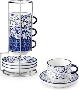 VANCASSO SELENE Tasses &agrave; Caf&eacute; Espresso avec Soucoupe - 4 x 270 ml - Mug en Porcelaine et Support pour Th&eacute;, Caf&eacute;, Cappuccino - R&eacute;sistants au Lave-vaisselle et a