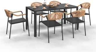 IDMarket Salon de jardin MADEIRA table 150 cm et 6 chaises cordage et textil&egrave;ne noir et rotin clair