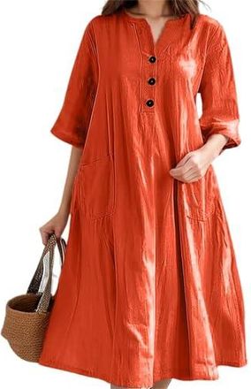 Generic Robe dété en lin avec col en V et manches mi-longues, robe tunique ample décontractée à poitrine fluide avec poches, Orange, XL