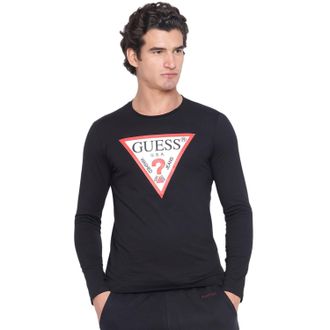 Guess Guess Herren CN LS ORIGINAL Logo Shirt, Schwarz/Hellrot/Wei&szlig;, XL