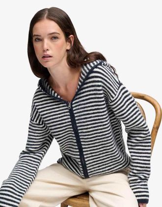 Superdry Strickjacke aus angerautem Strick mit Rei&szlig;verschluss in Marineblau/Wollwei&szlig; gestreift