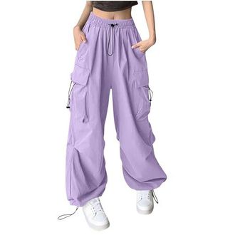 Generic Pantalon cargo pour femme - Taille haute - Jambe large - Baggy d&eacute;contract&eacute; - Pantalon de parachute Y2K Streetwear avec plusieurs poches, violet, 3XL