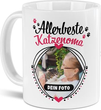 Tassendruck Katzen-Tasse mit Foto Allerbeste Katzenoma - Persönliches Geschenk für Katzenliebhaber zum Geburtstag | Personalisiertes Geschenk, 300 ml, Weiß