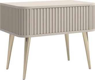 Selsey Nachttisch Beistellschrank Beistelltisch Nachtschrank 63 cm Schublade Gerillt Push to Open Soft Close Goldene Beine Graubeige Ovarlo
