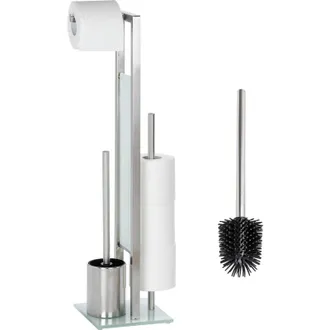 WENKO Combin&eacute; wc Rivalta avec brosse de rechange 3 en 1 Wenko Brosse wc, D&eacute;rouleur stockage Papier Toilette, Acier Inox mat- verre tremp&eacute; noir, 18x70x23 cm